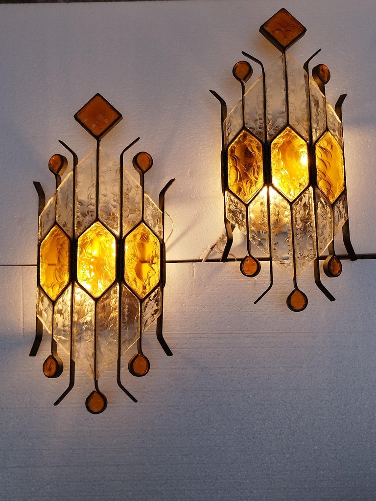 Longobard Design Pair of Hammered Clear and Amber Wall Lights, Italy ...