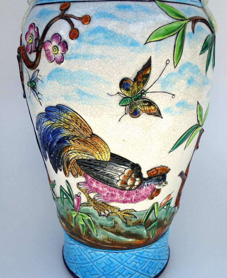 Longwy Enamel Vases in High Relief, circa 1885 For Sale at 1stDibs