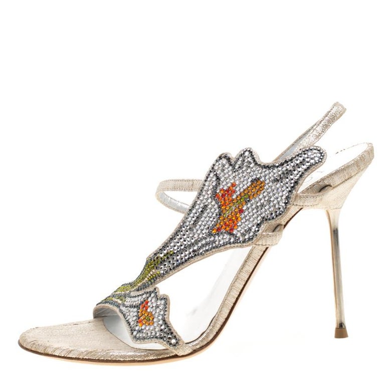 Loriblu Metallic Beige Suede Crystal Embellished Slingback Sandals Size ...