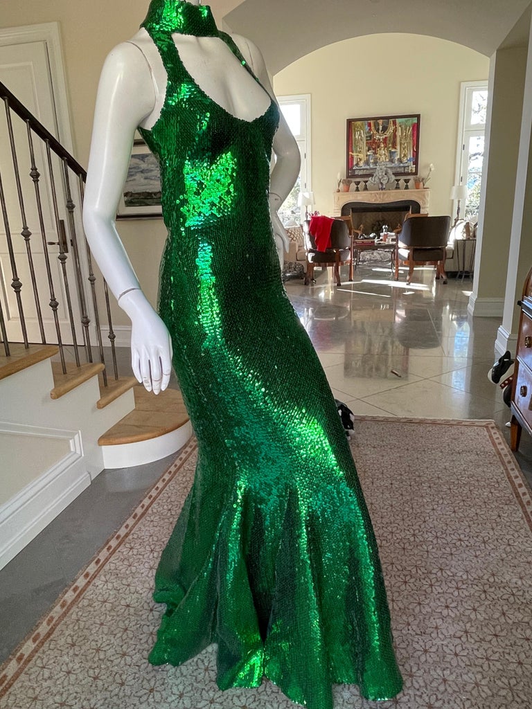 Loris Azzaro Couture 1970s Sexy Green Sequin Fishtail Mermaid Keyhole ...