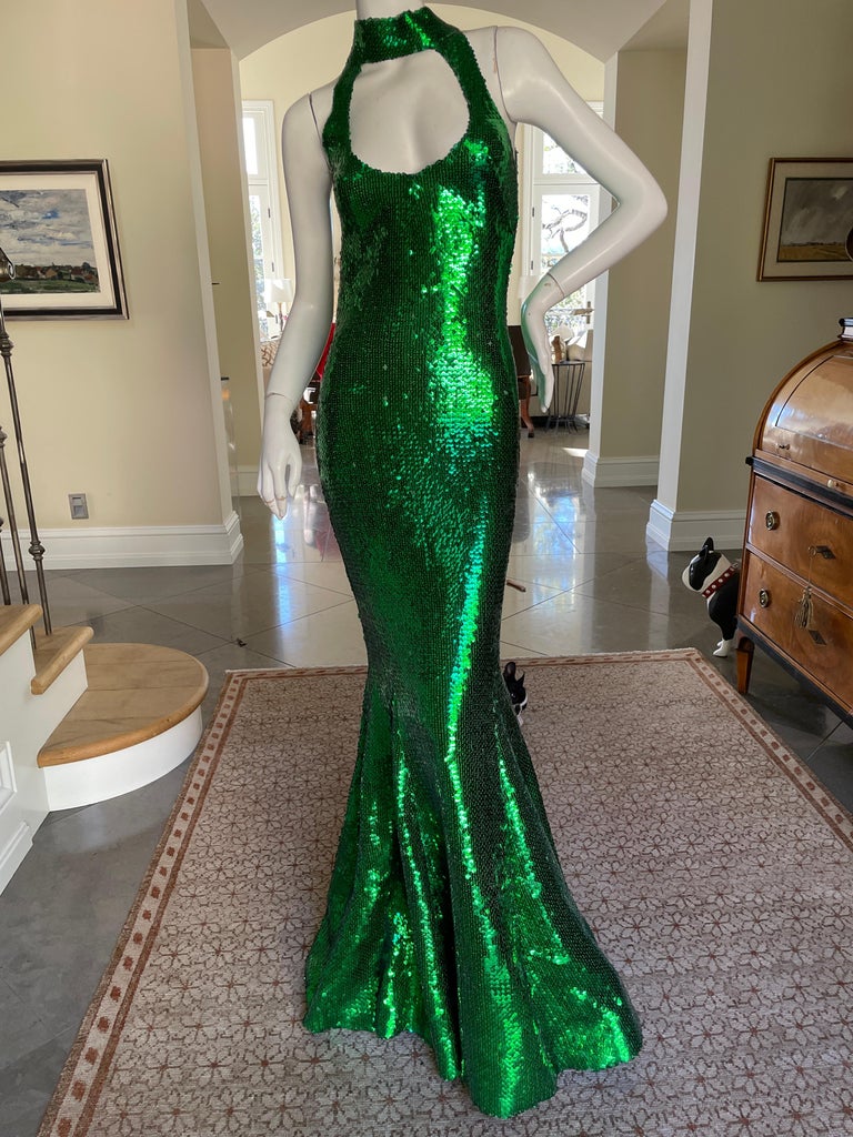 Loris Azzaro Couture 1970s Sexy Green Sequin Fishtail Mermaid Keyhole ...