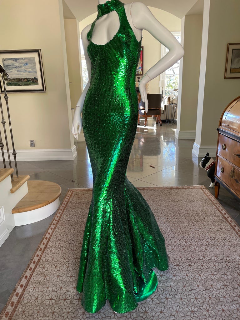 Loris Azzaro Couture 1970s Sexy Green Sequin Fishtail Mermaid Keyhole ...