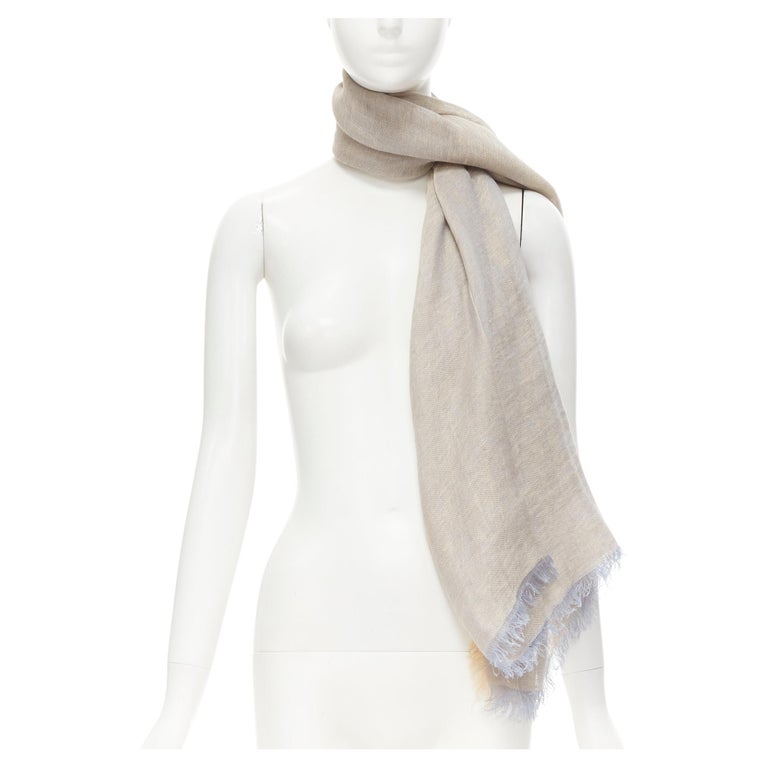 LORO PIANA 100% linen blue yellow shift frayed edge scarf shawl at 1stDibs