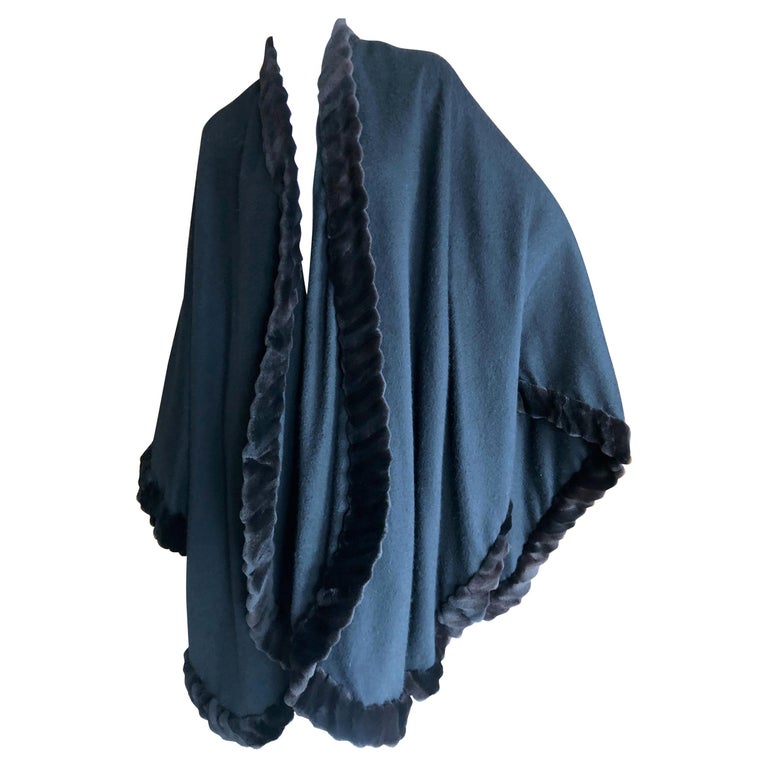 Loro Piana Large Black Pure Cashmere Shawl w Sheared Beaver Scalloped ...