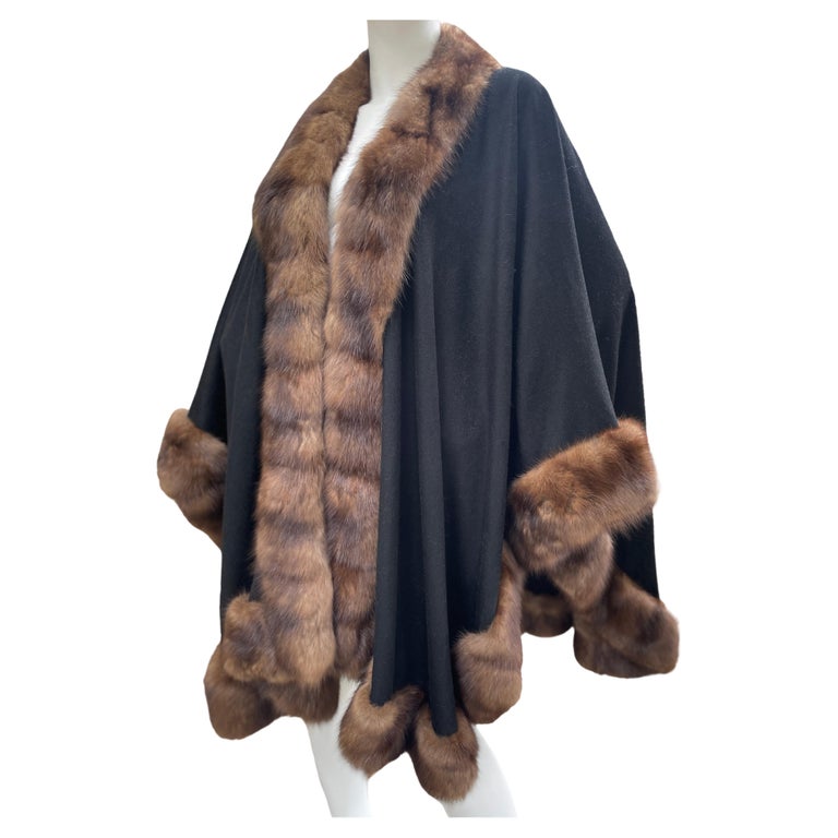 Loro Piana Luxurious Black Pure Cashmere Wrap with Russian Sable Fur ...
