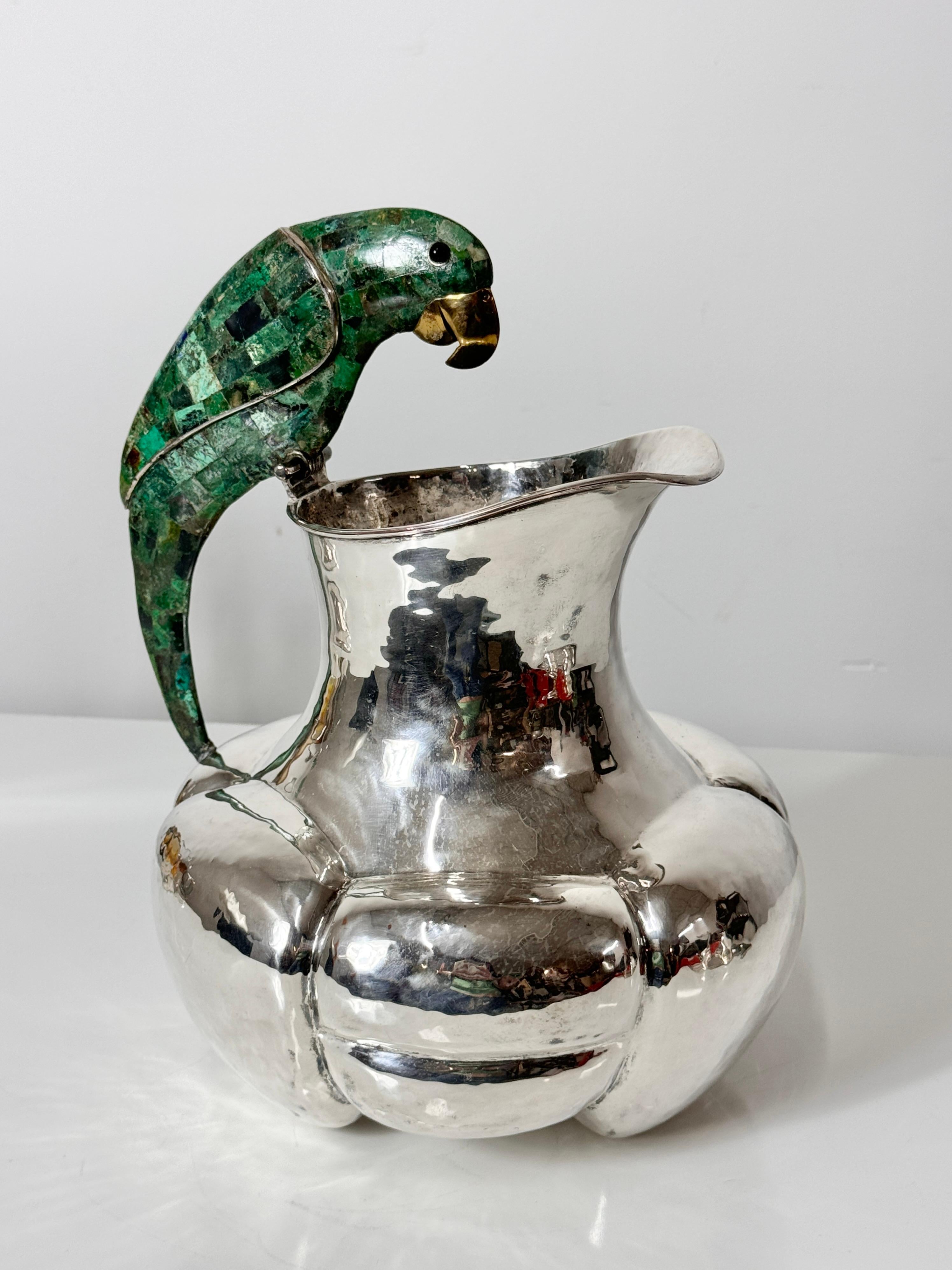 Los Castillo Mexican Silver Plate Pitcher with Turquoise Parrot Handle ...