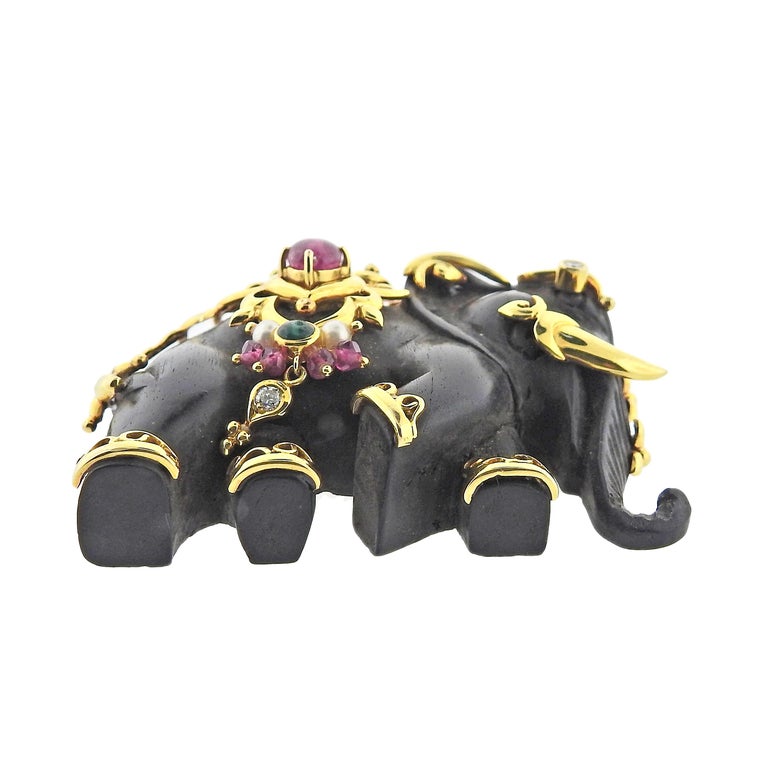 Lotus Arts De Vivre Diamond Ruby Emerald Pearl Wood Elephant Brooch For ...