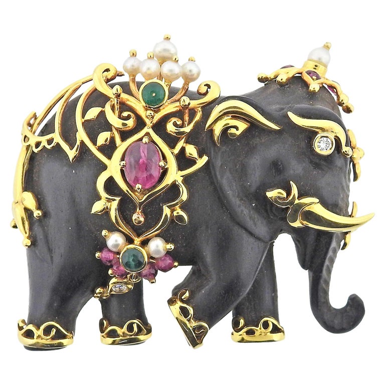 Lotus Arts De Vivre Diamond Ruby Emerald Pearl Wood Elephant Brooch For ...