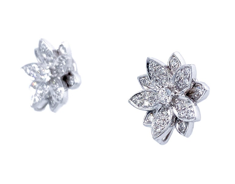 Lotus Flower Round Diamond Earrings in 18 Karat White Gold at 1stDibs