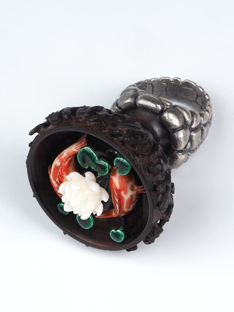 Lotus Pond Ring Carved Black Wood Nacre Silver Enamel Big Ring ...