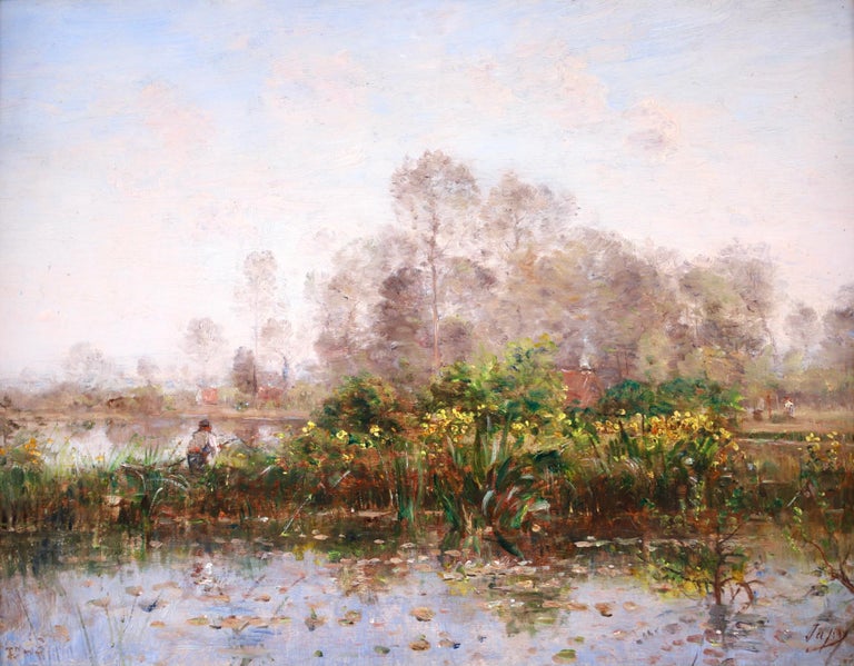 Louis Aimé Japy - Peche aux nenuphars - Barbizon Oil, Figure in River ...