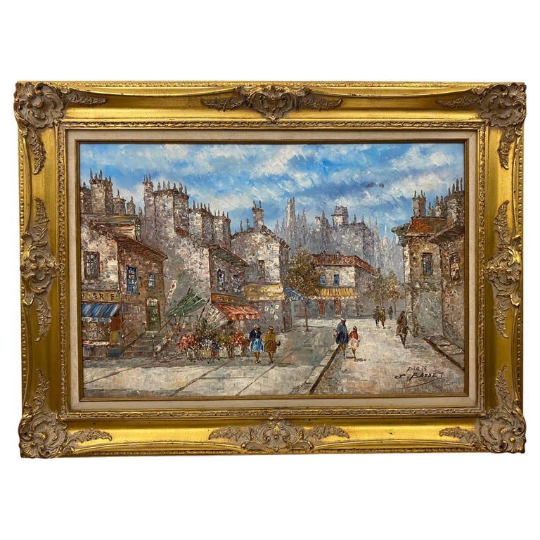 Louis Bassett Oil on Canvas Painting Paris Street Scene, Carved Gilt ...