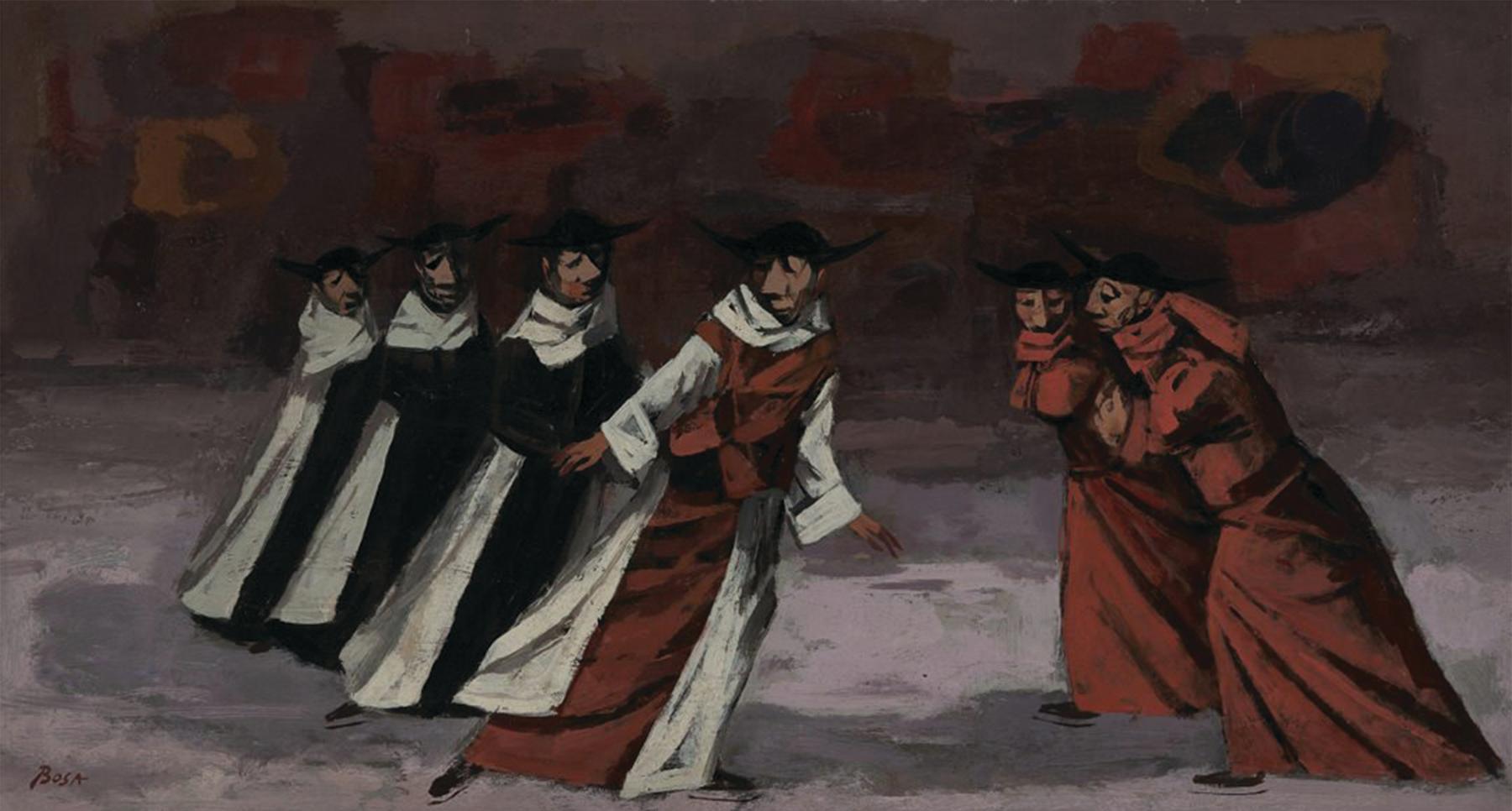 Louis Bosa - Skiing Priests, Mid-20th Century Italian Winter Scene For ...