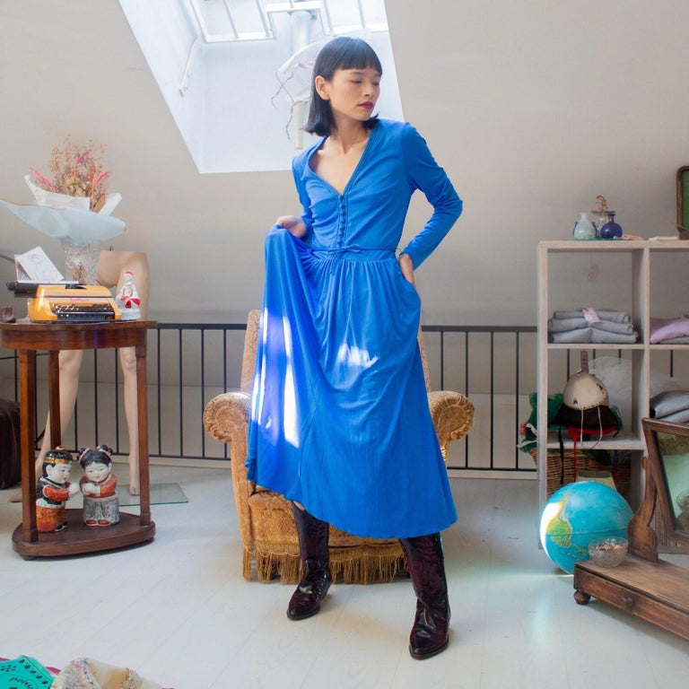 Louis Féraud Paris 1970's Klein blue jersey deep V neck midi flare ...