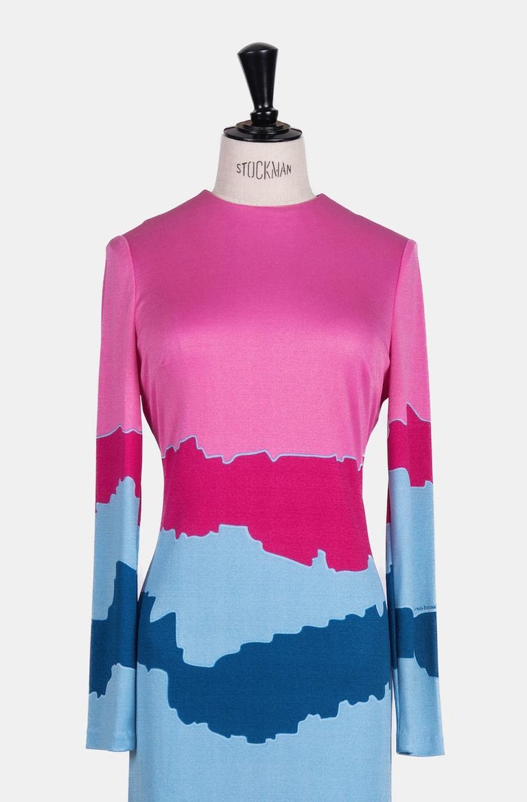 LOUIS FERAUD Pink Blue Purple Jersey Mod Maxi Dress With Matching Scarf ...