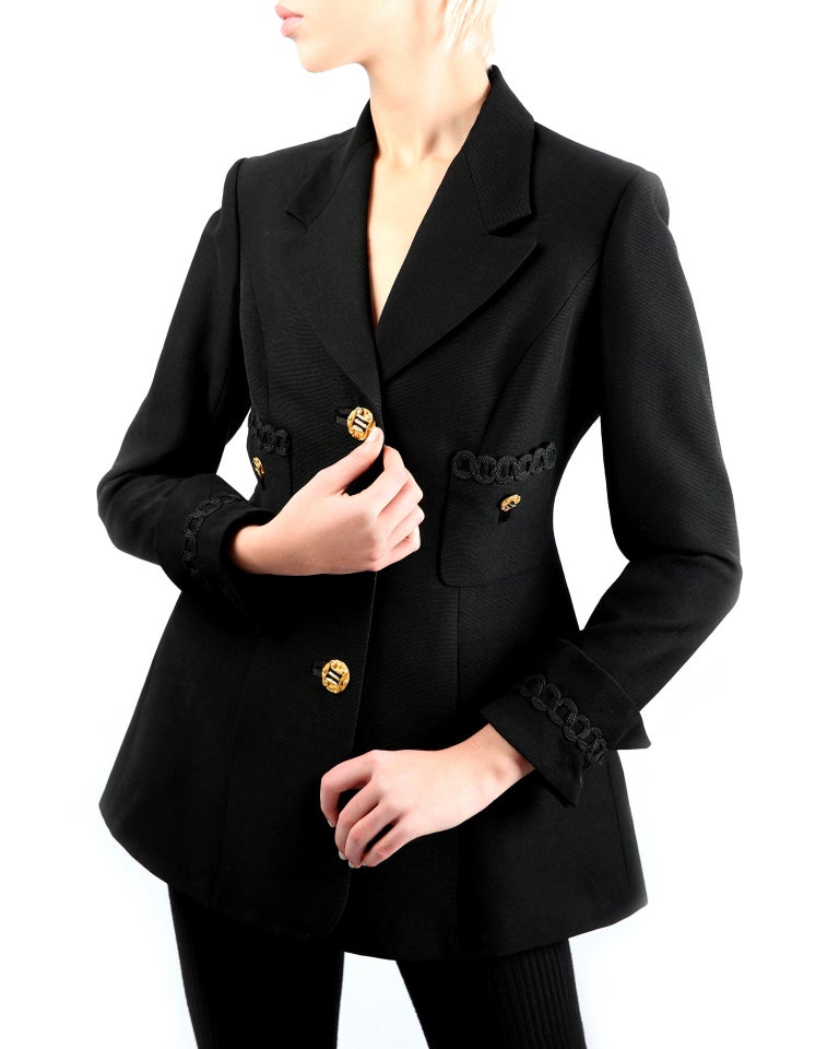 Louis Feraud vintage black gold button oversized braided blazer jacket ...