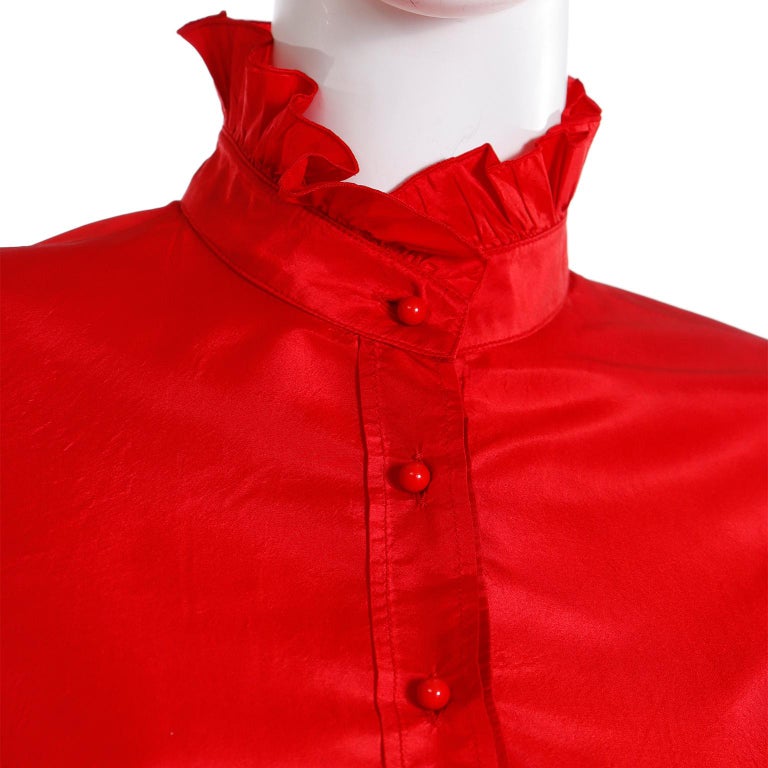Louis Feraud Vintage Red Silk Satin Ruffled Blouse For Sale at 1stDibs