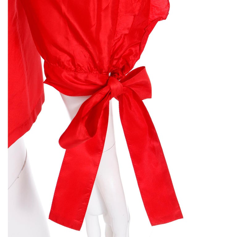 Louis Feraud Vintage Red Silk Satin Ruffled Blouse For Sale at 1stDibs