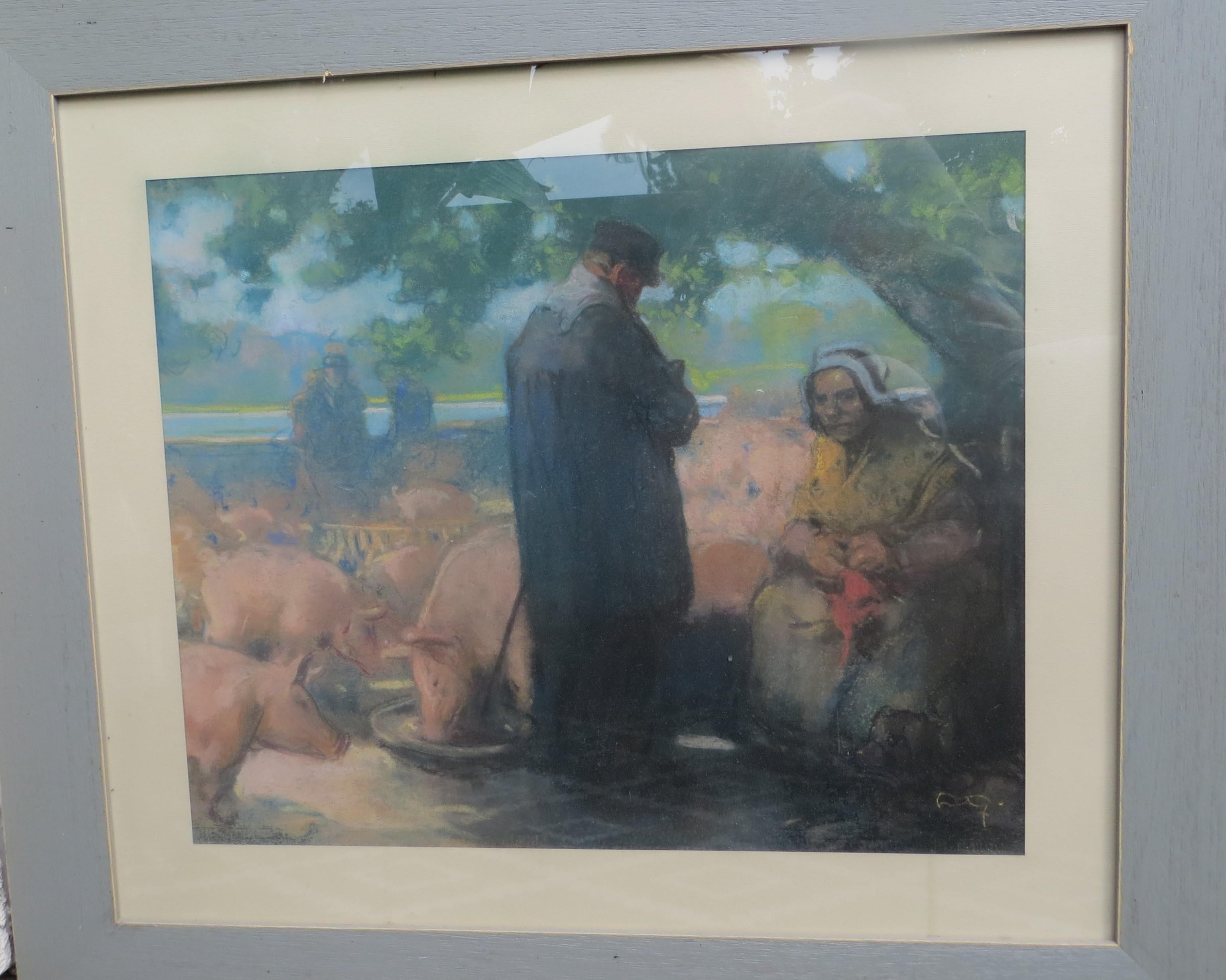 Louis Fortuney - Brittany, Pig Fair Pastel By Louis Fortuney For Sale ...