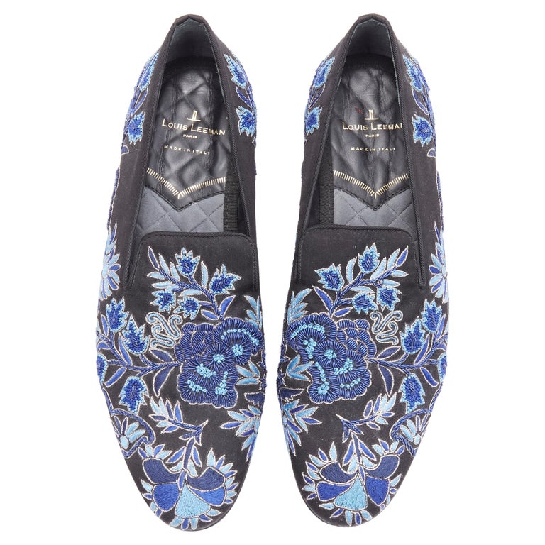 LOUIS LEEMAN black satin blue floral embroidery evening loafer EU42 US9 ...
