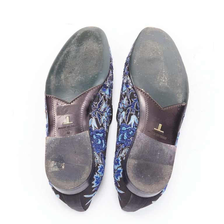 LOUIS LEEMAN black satin blue floral embroidery evening loafer EU42 US9 ...