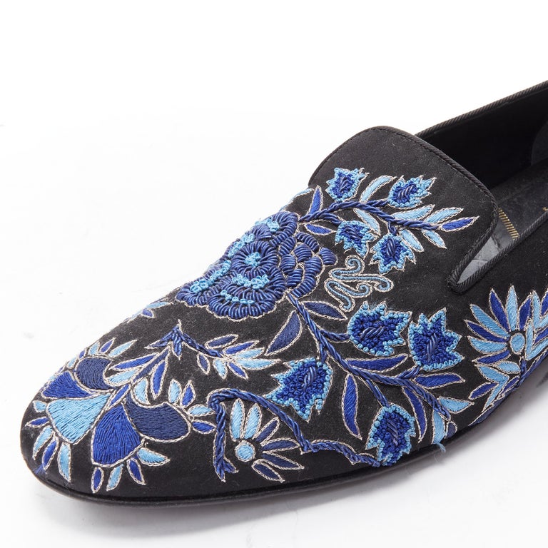 LOUIS LEEMAN black satin blue floral embroidery evening loafer EU42 US9 ...