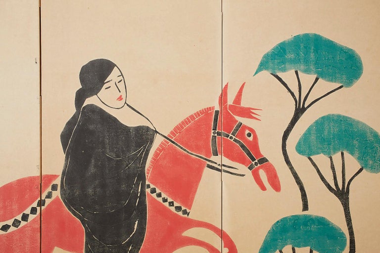 Louis Liang Chinese Six-Panel Woodblock Horse Screen at 1stDibs