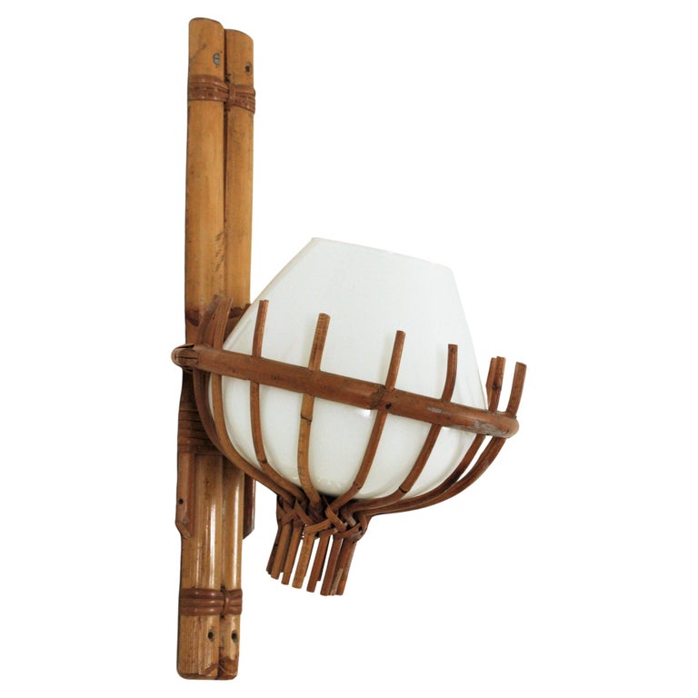 Louis Sognot Bamboo Rattan Wall Sconce with Milk Glass Globe Shade For ...