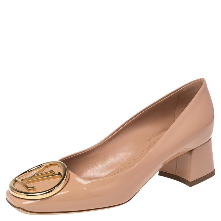 Louis Vuitton Beige Patent Leather Madeleine Logo Block Heel Pumps Size ...