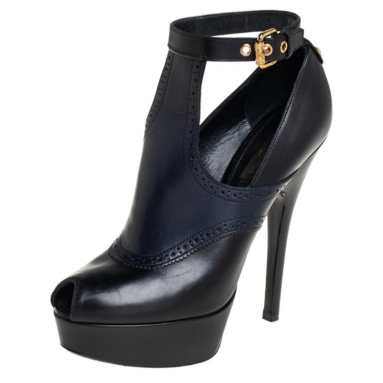 Louis Vuitton Black/Blue Leather Ankle Strap Bootie Size 38.5 at 1stDibs