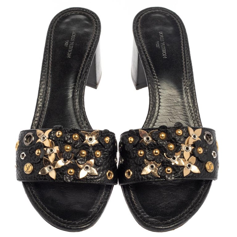 Louis Vuitton Black Leather Applique Embellished Block Heel Sandals ...