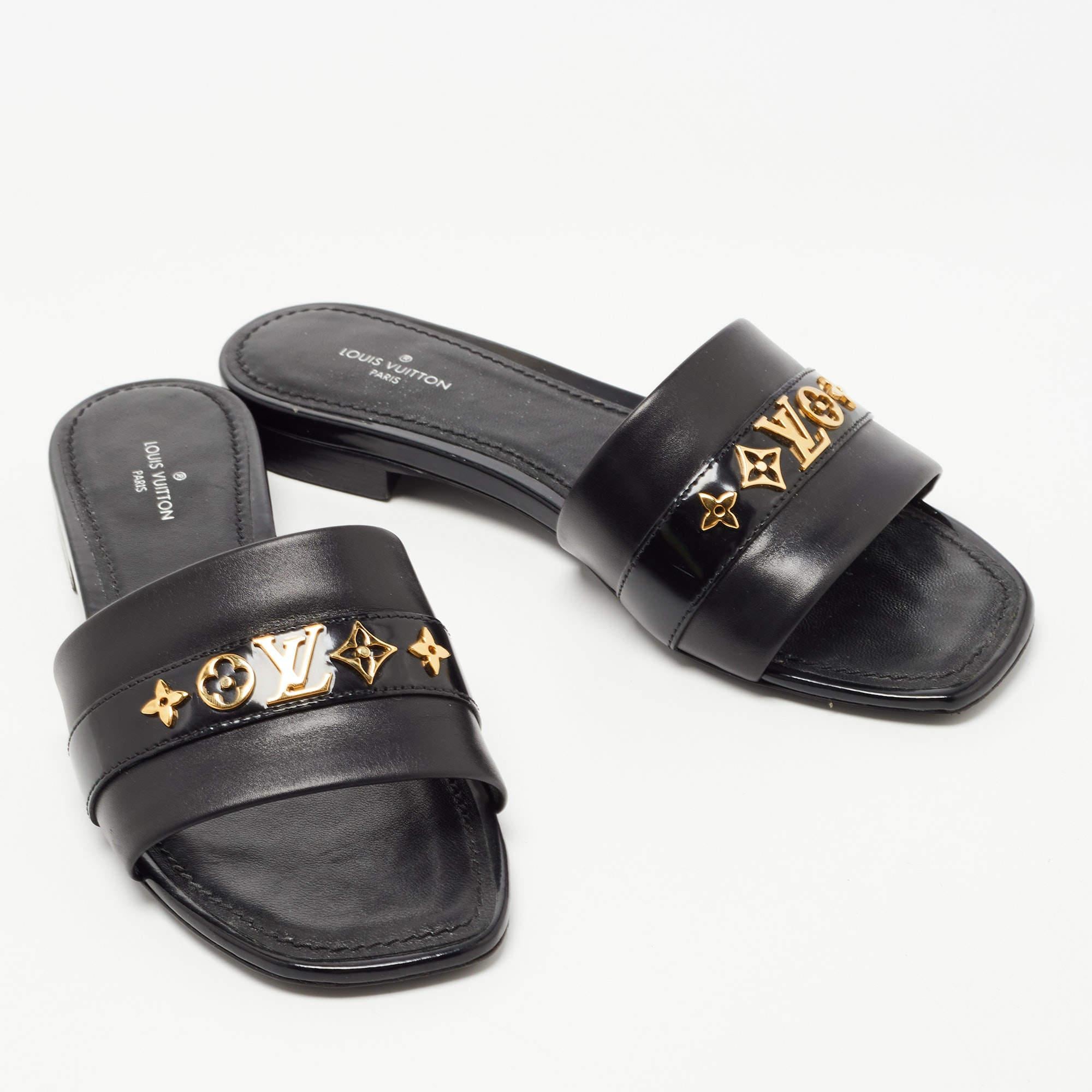 Louis Vuitton Black Leather Embellished Flat Slides Size 36 at 1stDibs
