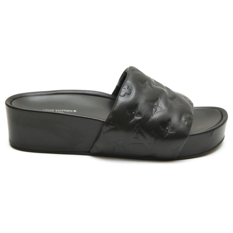 LOUIS VUITTON Black Leather LV Logo Slide Platform Wedge Sandal Shoe Sz ...