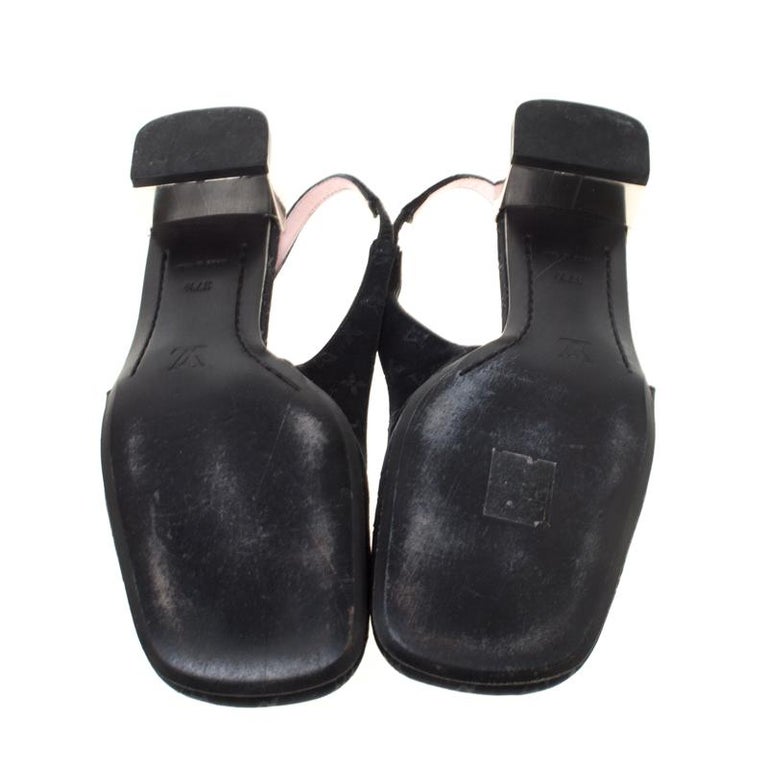 Louis Vuitton Black Monogram Fabric Metal Block Heel Slingback Sandals ...