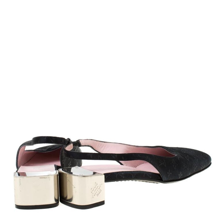 Louis Vuitton Black Monogram Fabric Metal Block Heel Slingback Sandals ...