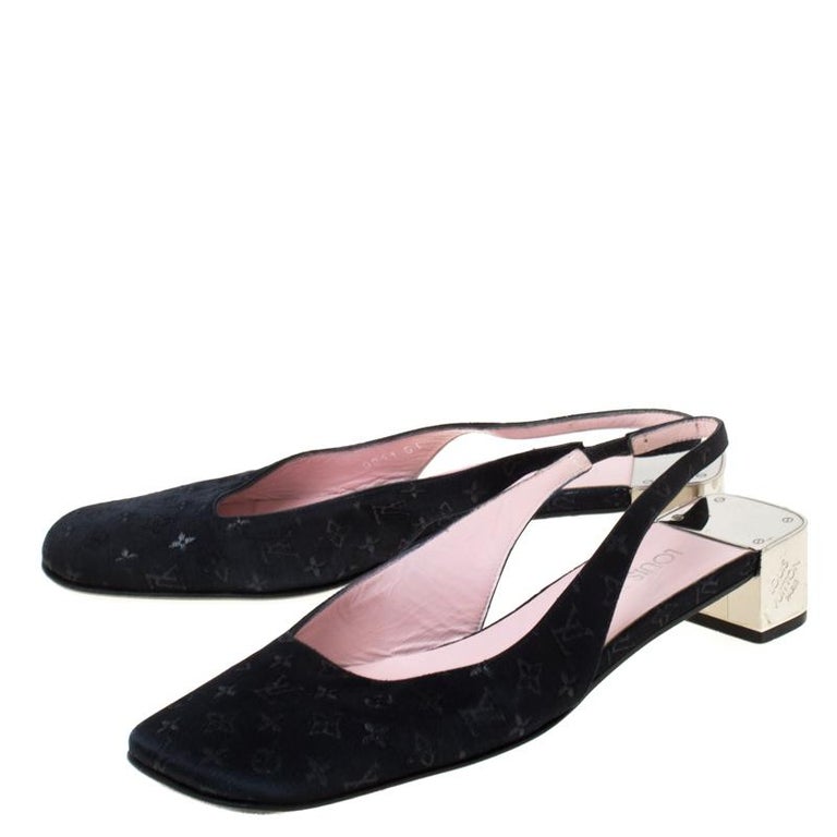 Louis Vuitton Black Monogram Fabric Metal Block Heel Slingback Sandals ...