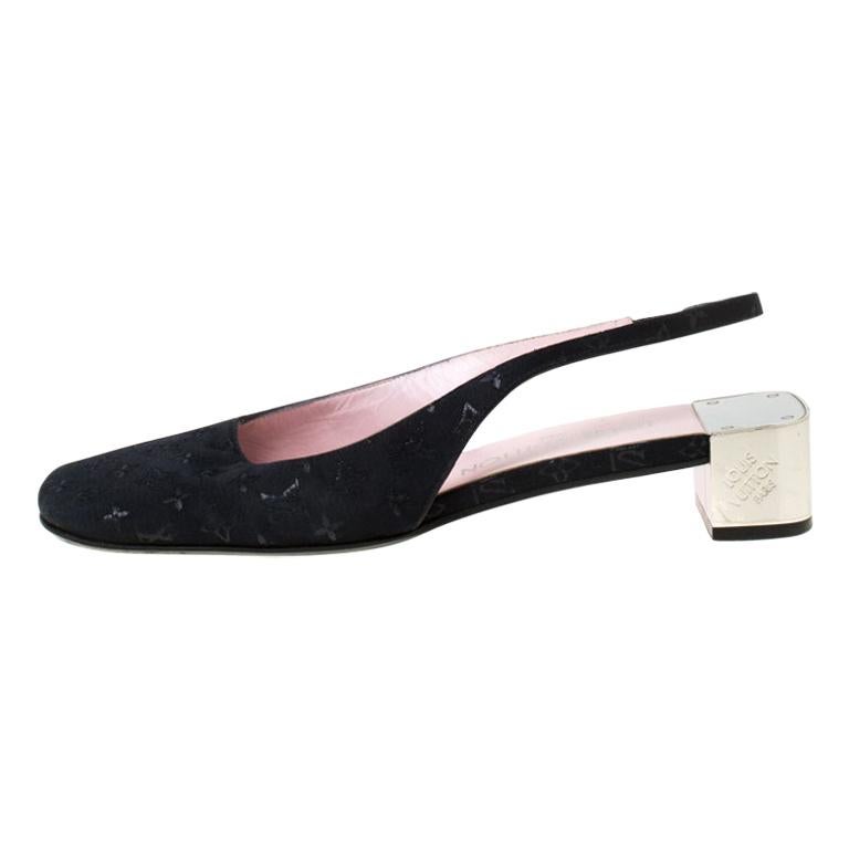 Louis Vuitton Black Monogram Fabric Metal Block Heel Slingback Sandals ...