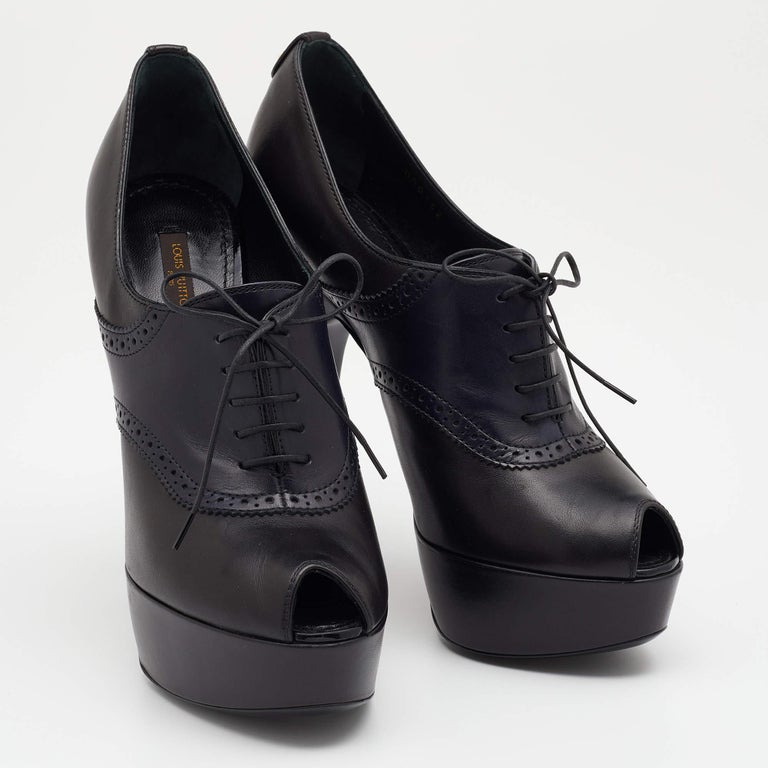 Louis Vuitton Black/Navy Blue Leather Peep Toe Platform Lace Up Booties ...