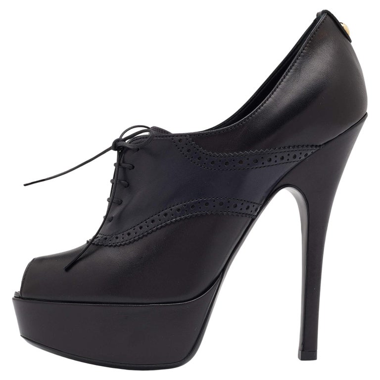 Louis Vuitton Black/Navy Blue Leather Peep Toe Platform Lace Up Booties ...