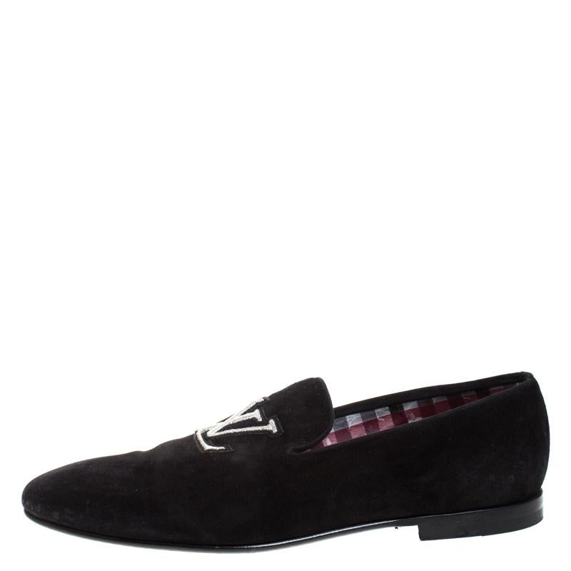 Louis Vuitton Black Suede LV Logo Embroidered Smoking Slippers Size 43 ...