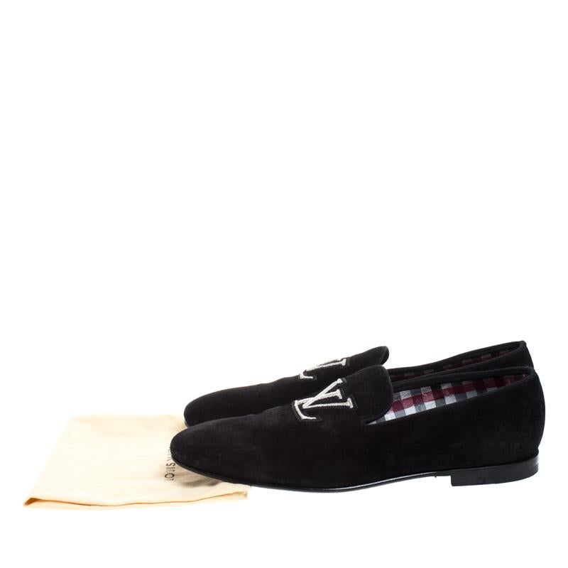 Louis Vuitton Black Suede LV Logo Embroidered Smoking Slippers Size 43 ...