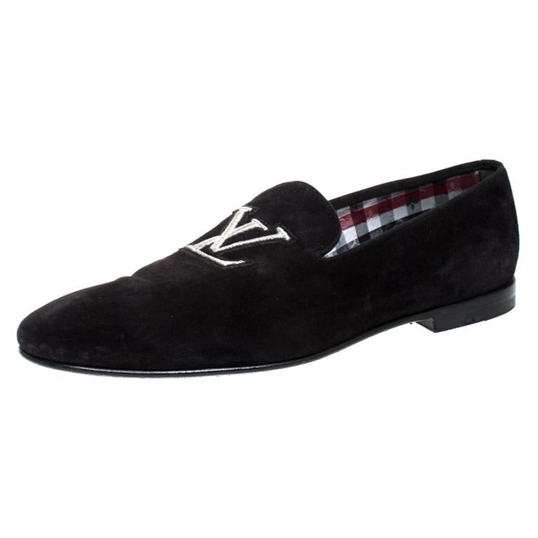 Louis Vuitton Black Suede LV Logo Embroidered Smoking Slippers Size 43 ...
