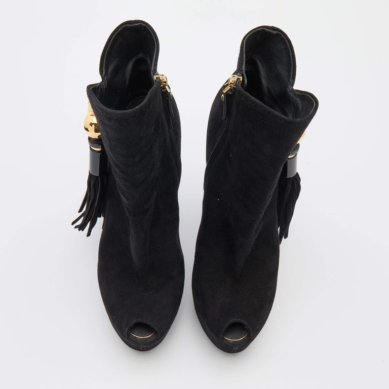 Louis Vuitton Black Suede Tassel Peep Toe Platform Booties Size 38 For ...