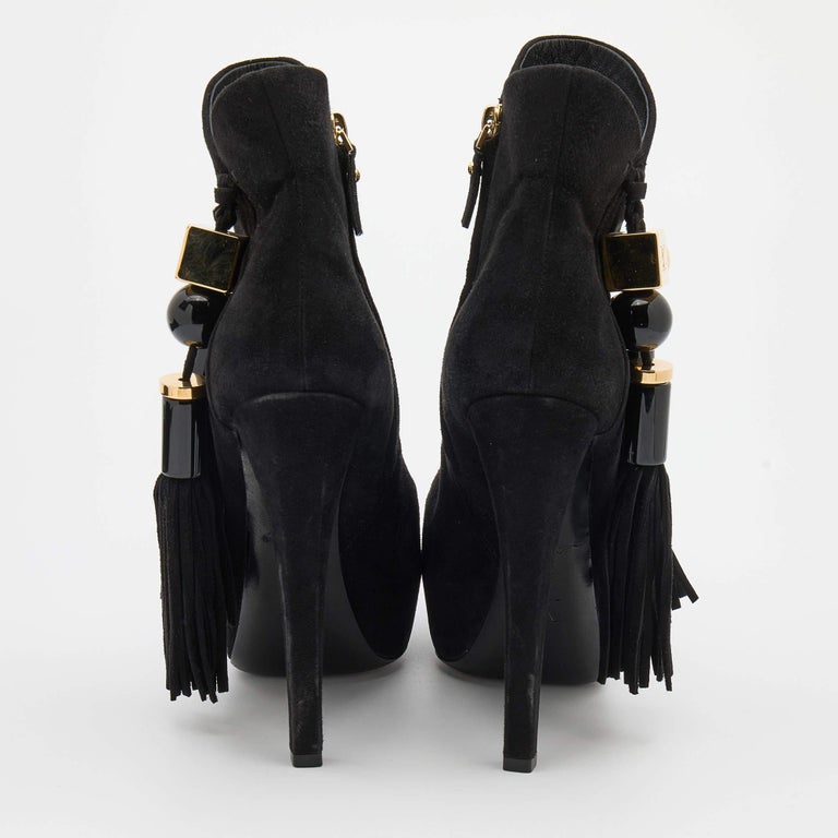 Louis Vuitton Black Suede Tassel Peep Toe Platform Booties Size 38 For ...
