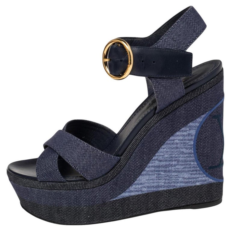 Louis Vuitton Blue Denim and Leather Ocean Criss Cross Wedge Sandals ...
