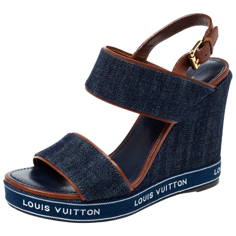 Louis Vuitton Blue Denim Ankle Strap Wedge Platform Sandals Size 37.5 ...