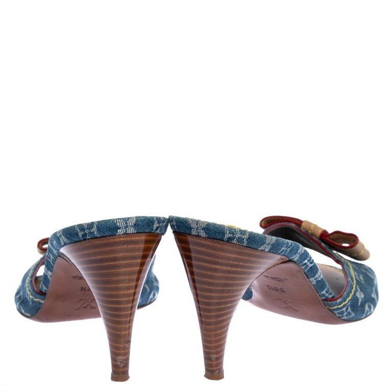 Louis Vuitton Blue Monogram Denim And Leather Bow Slide Sandals Size 39 ...