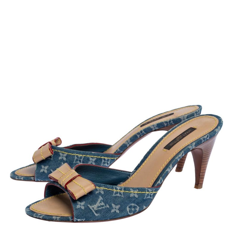 Louis Vuitton Blue Monogram Denim And Leather Bow Slide Sandals Size 39 ...