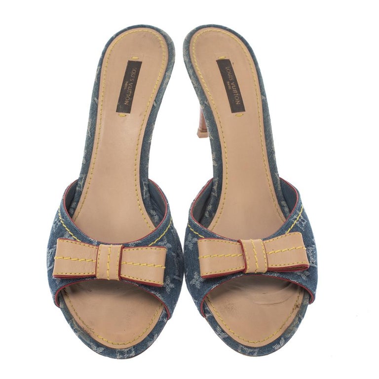 Louis Vuitton Blue Monogram Denim And Leather Bow Slide Sandals Size 41 ...