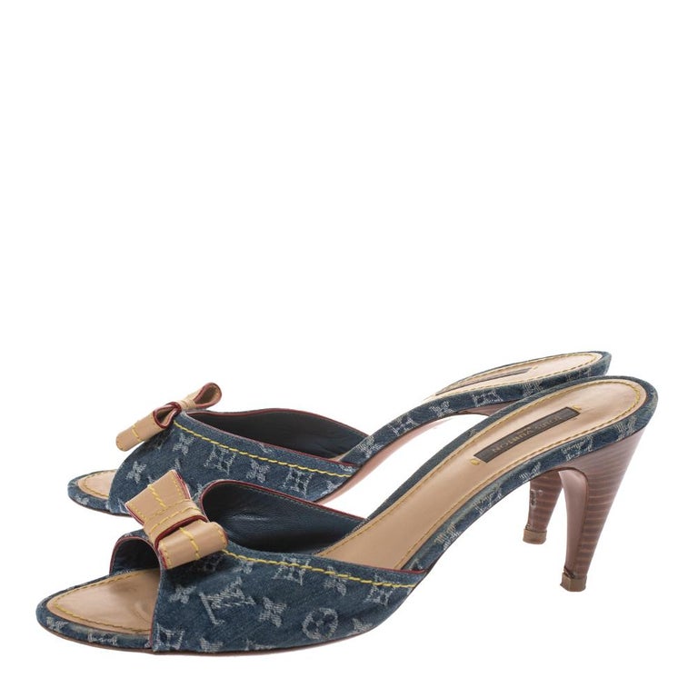 Louis Vuitton Blue Monogram Denim And Leather Bow Slide Sandals Size 41 ...